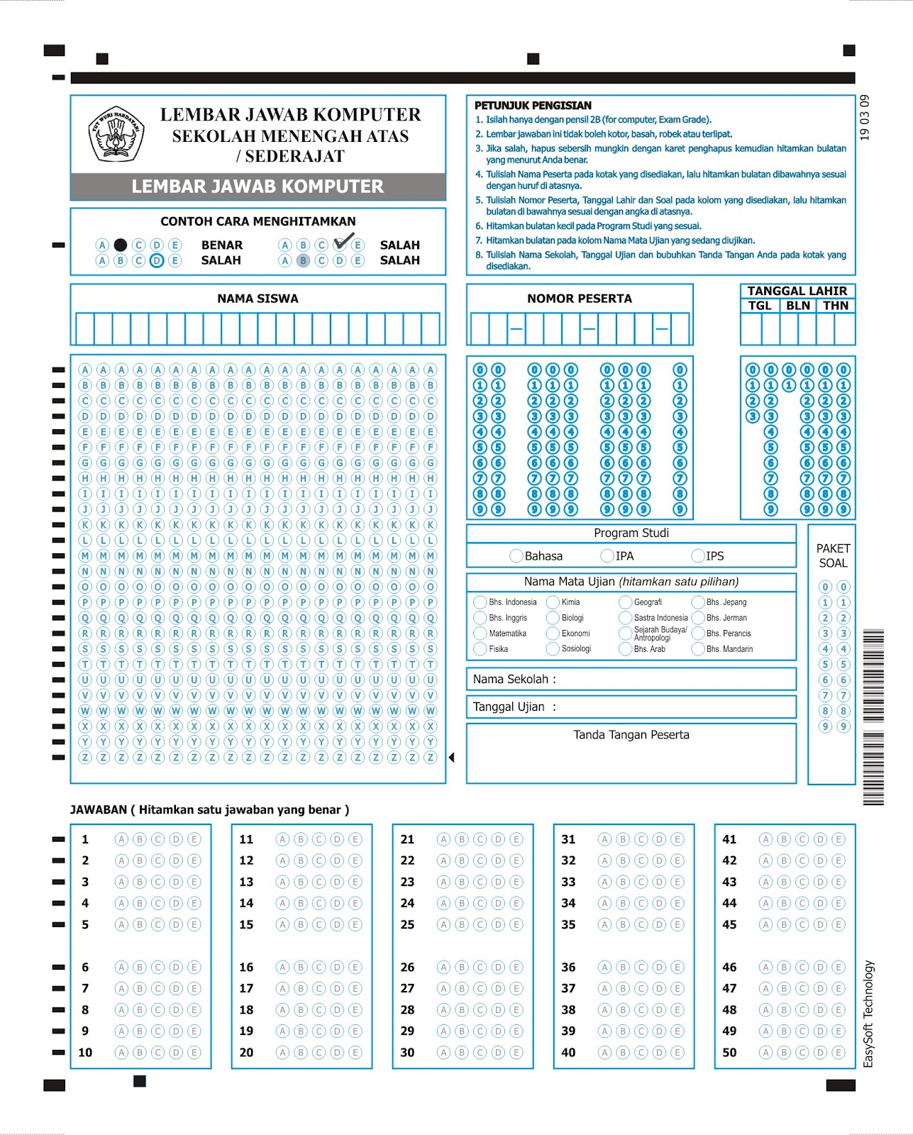 SCANNER LEMBAR JAWABAN KOMPUTER: Contoh lembar jawab komputer
