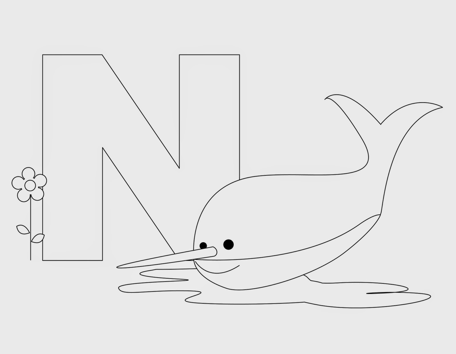 Kids Page: N is for Narwhal - Animal Alphabet Letters Worksheet