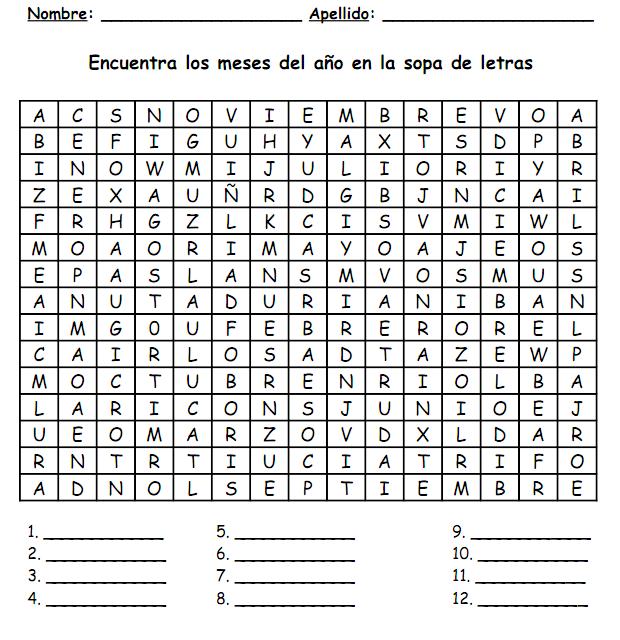 Sopa de letras con los meses del año en español - Imagui