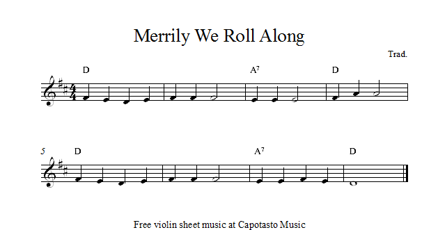 Free easy violin sheet music, Merrily We Roll Along