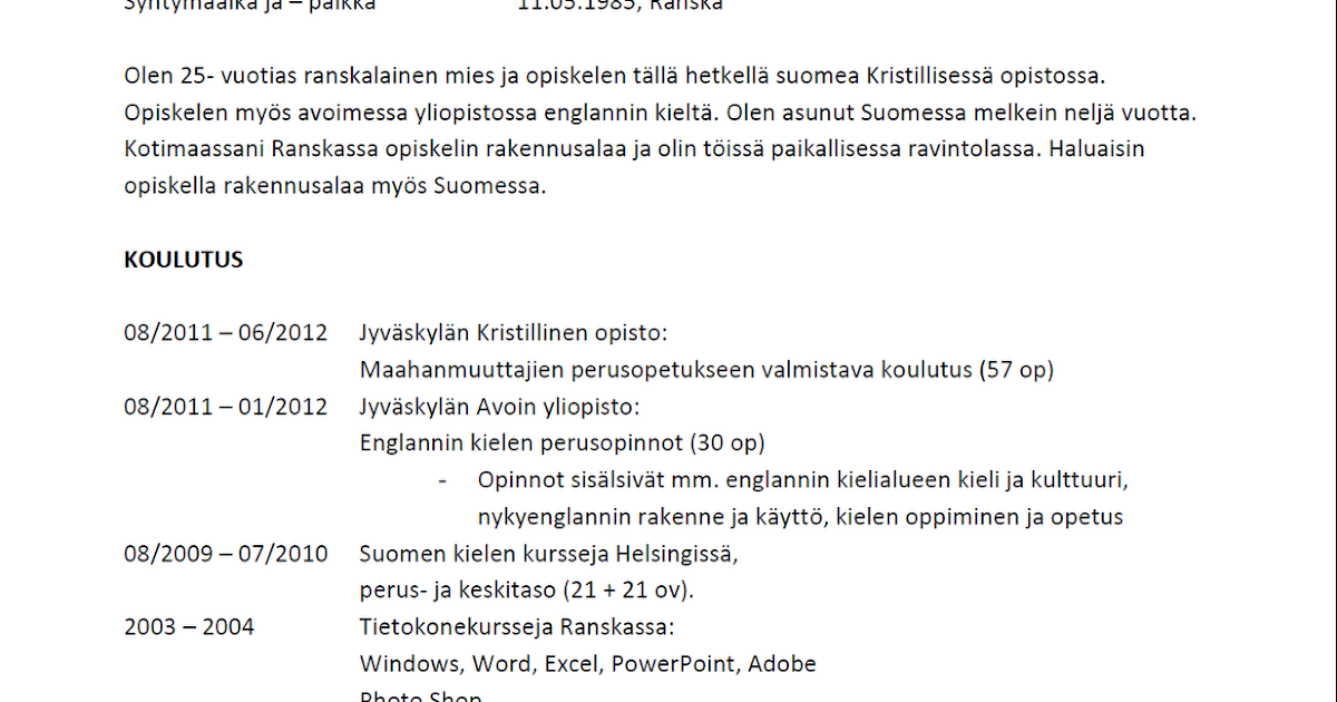 Askeleita työelämään: Ansioluettelo