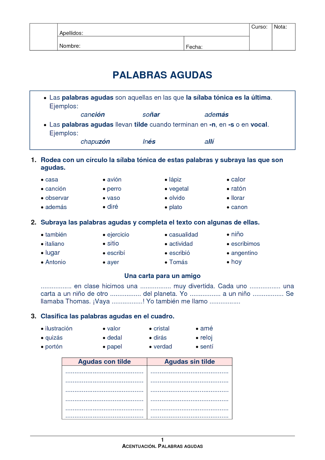 *MIS COSAS DE MAESTRA*: PALABRAS AGUDAS: ¿Qué son? y ¿Cuándo llevan tilde?