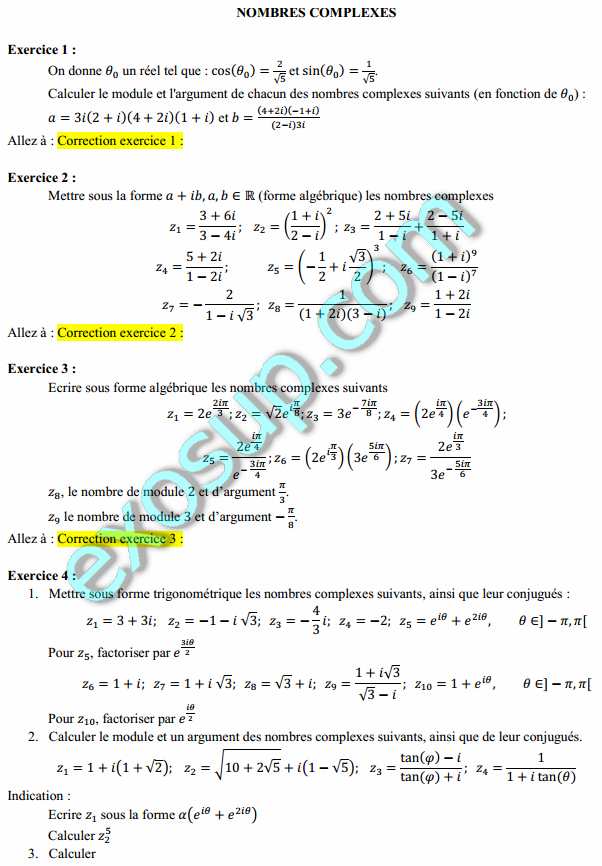 nombres complexes:54 exercices corrigés nombres complexes:54 exercices corrigés