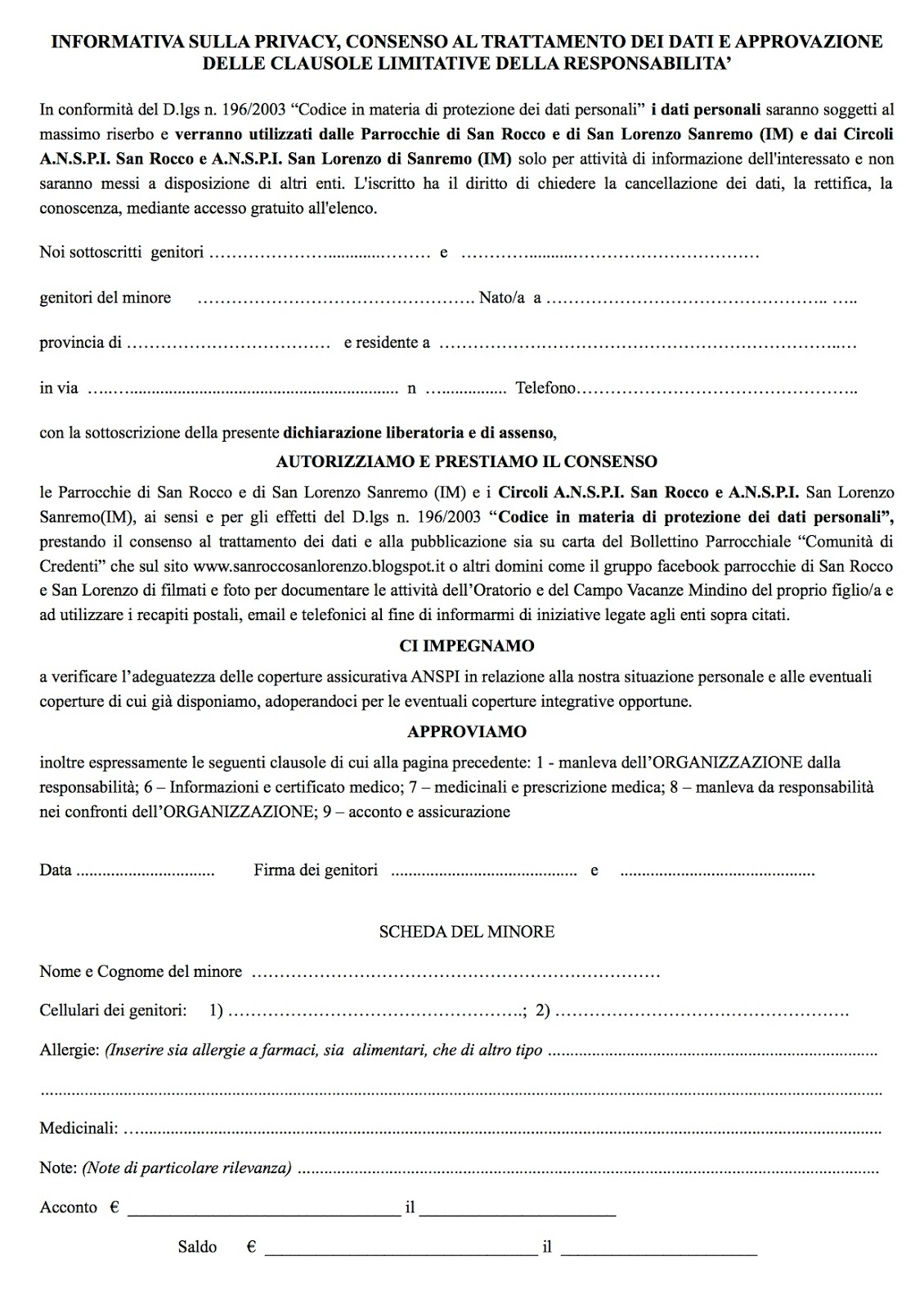 Parrocchie di San Rocco e San Lorenzo - Sanremo: MODULO ISCRIZIONE ... Parrocchie di San Rocco e San Lorenzo - Sanremo: MODULO ISCRIZIONE ...