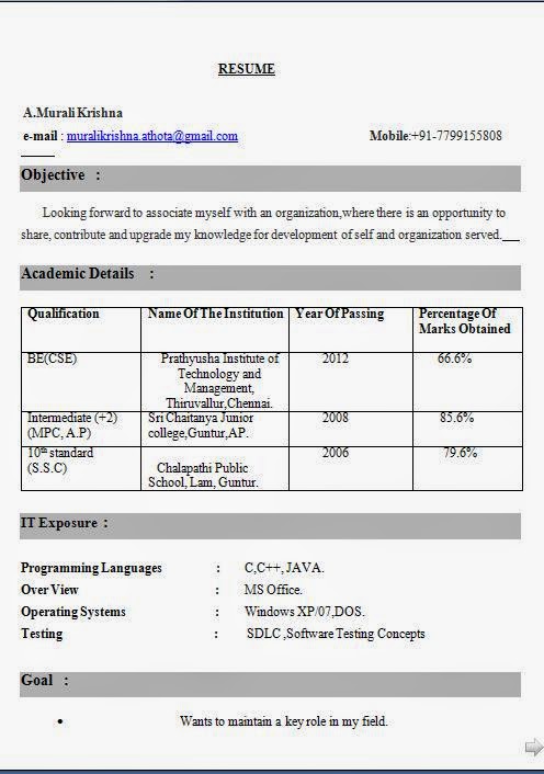 BE CSE Resume Format BE CSE Resume Format
