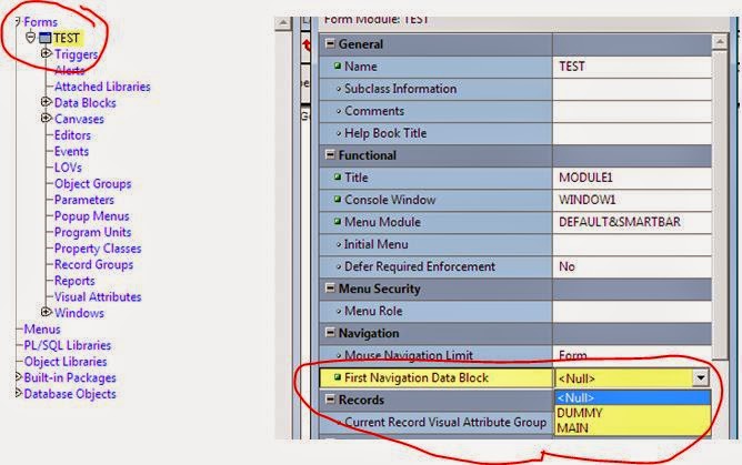 Oracle Forms : Form Level Property : First Navigation Data Block