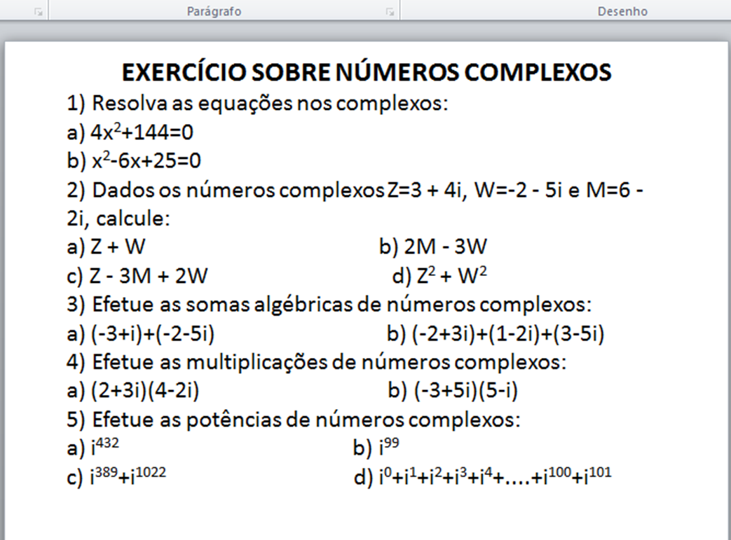 Exercícios Sobre Números Complexos - BINKEDU