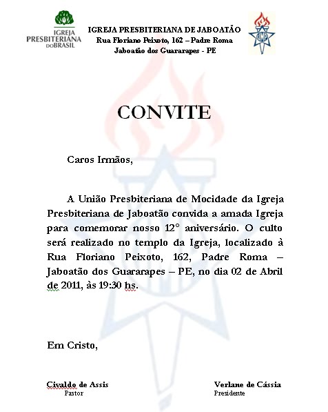 Modelo de carta convite para igreja - Imagui Modelo de carta convite para igreja - Imagui