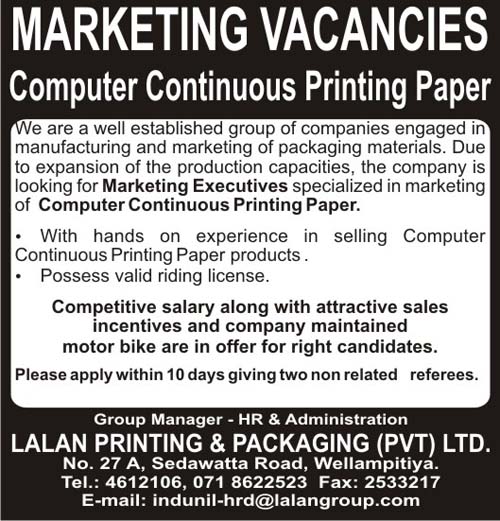 Vacancies for Marketing Executives at Lalan Printing & Packaging (pvt) Ltd