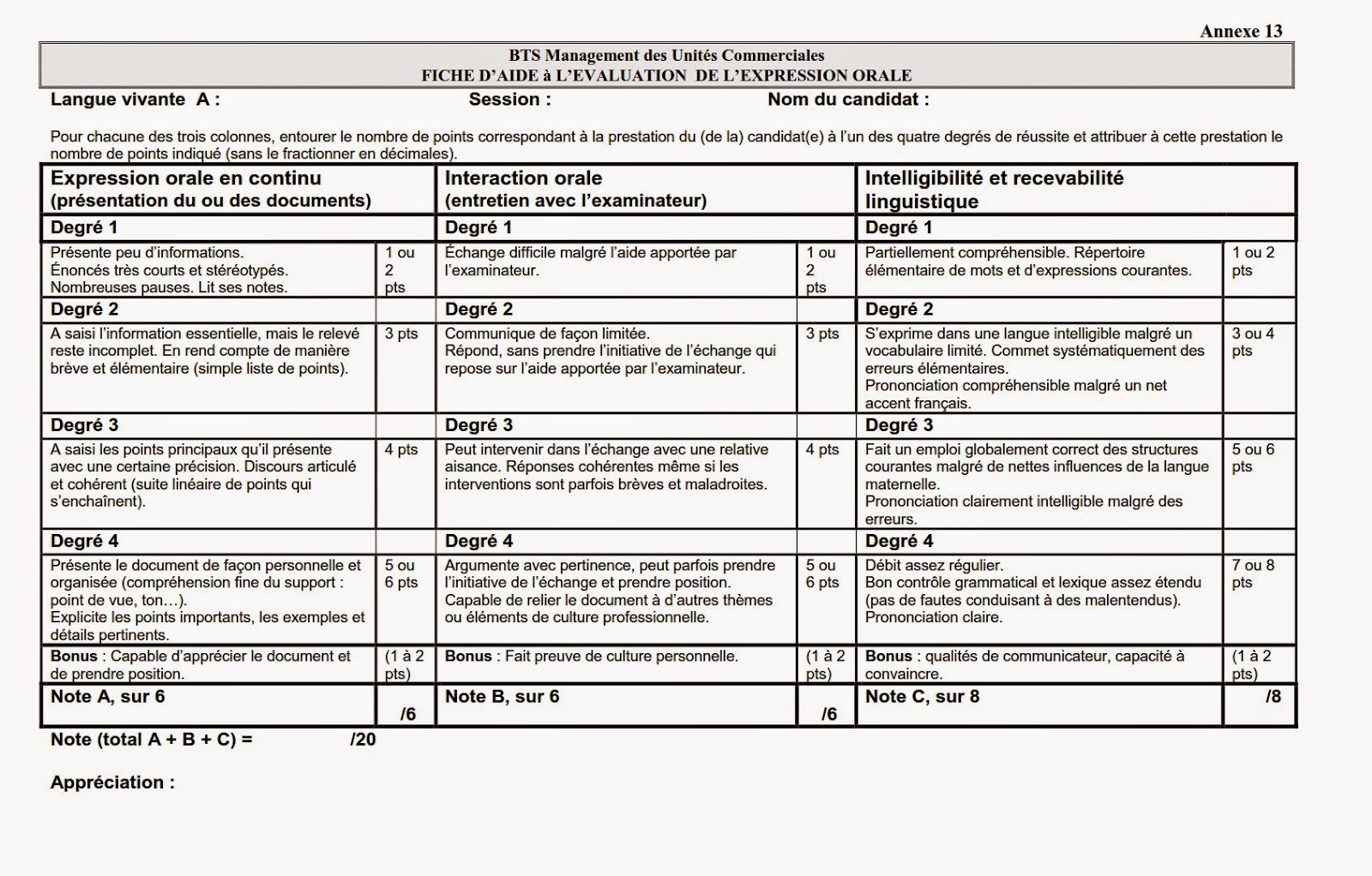 Grille d'évaluation oral LV1 (=LVA) et LV2 (=LVB-épreuve facultative) BTS Tertiaire (MUC/NRC ...