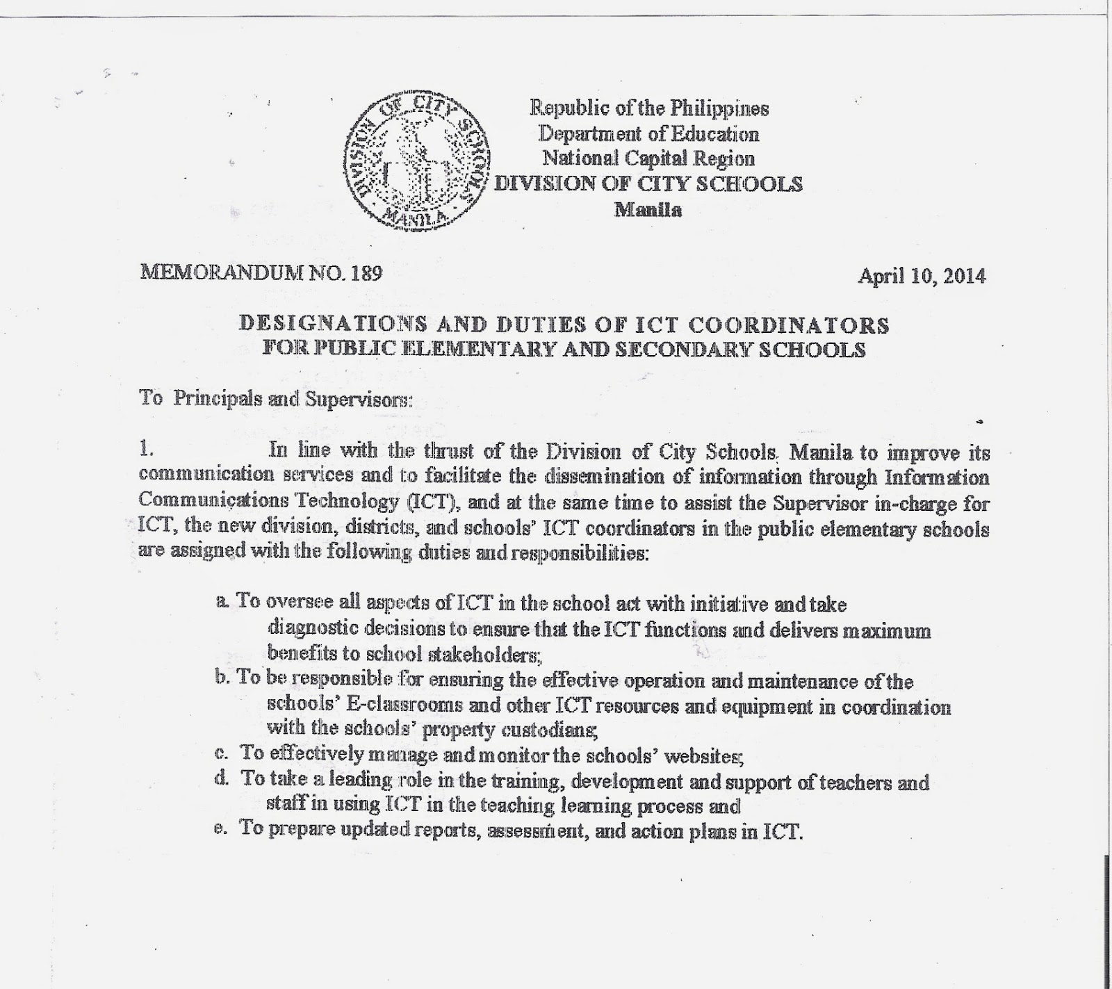 Department of Education Manila: Division Memorandum No. 189 - DESIGNATIONS AND DUTIES OF ICT COORDINATORS FOR PUBLIC ELEMENTARY AND SECONDARY SCHOOLS department-of-education-manila-division-memorandum-no-189-designations-and-duties-of-ict-coordinators-for-public-elementary-and-secondary-schools