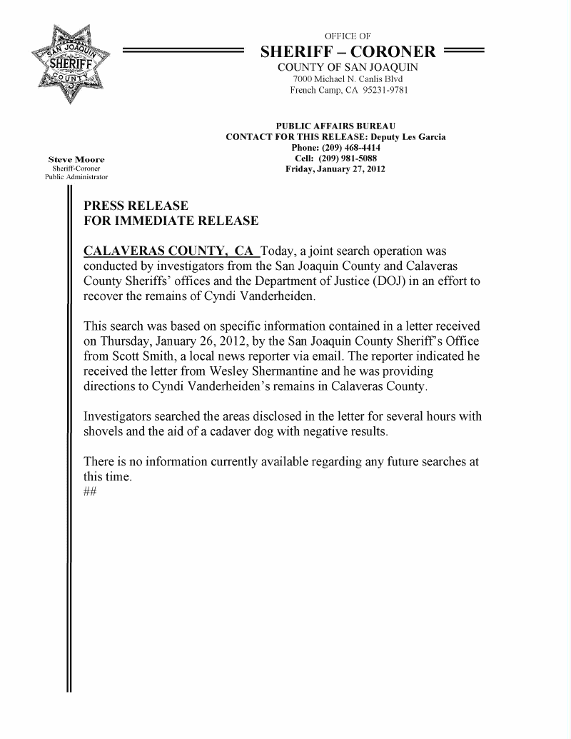 Copper Gazette: San Joaquin Sheriff -Coroner Press release re: seach ... Copper Gazette: San Joaquin Sheriff -Coroner Press release re: seach ...