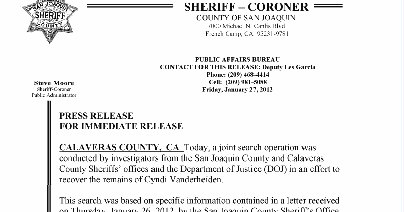 Copper Gazette: San Joaquin Sheriff -Coroner Press release re: seach ... Copper Gazette: San Joaquin Sheriff -Coroner Press release re: seach ...