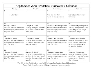 East Meadows Speech: September Speech Homework Calendar
