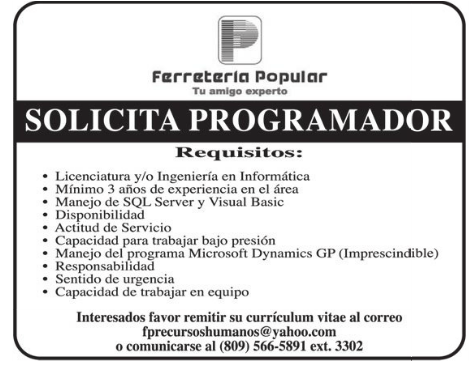 #Empleo Ferretería Popular Solicita #Programador Envía tu CV | Ayuda Empleos RD :: Empleos en ...