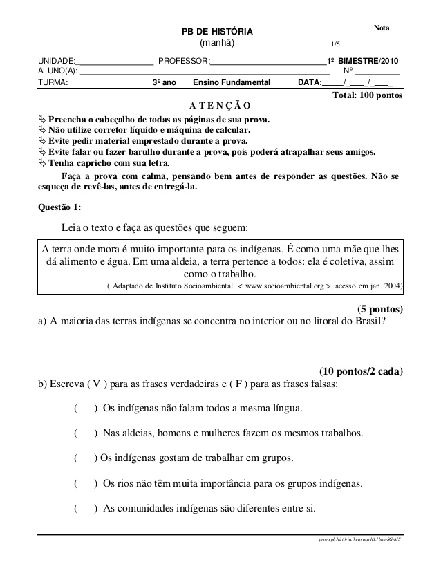 Escola Saber: Prova de história 3 ano ensino fundamental 2 bimestre