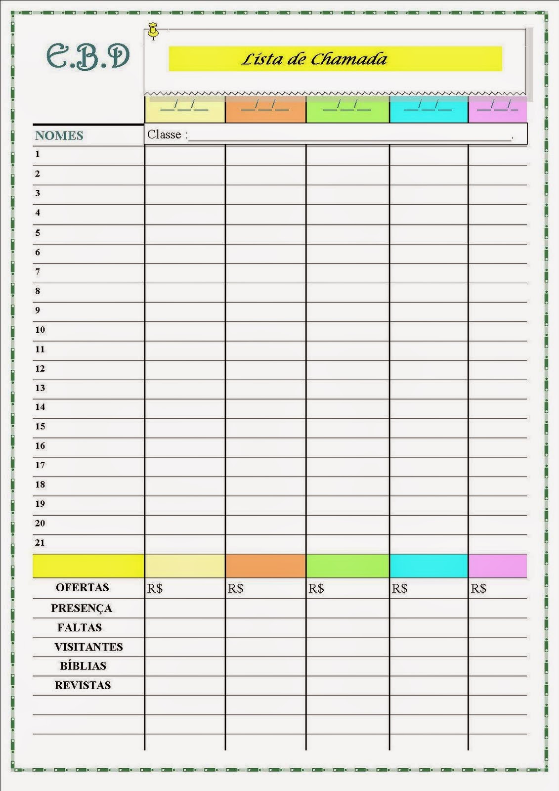 GOSPEL INFANTIL : Listas de chamadas (escola dominical)