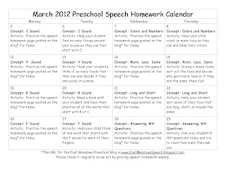 East Meadows Speech: March Preschool Speech Homework: Calendar and Week 1