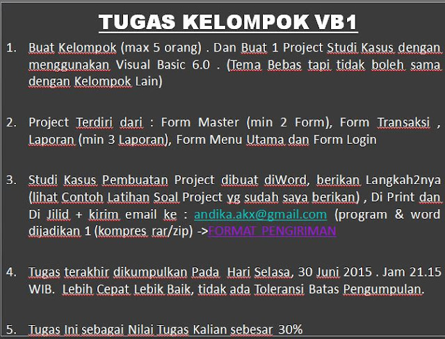 VB1 - TUGAS KELOMPOK - MEMBUAT PROJECT DI VISUAL BASIC 6.0 ~ ANDIKA HASTA