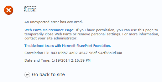 SharePoint - An unexpected error has occurred. (Web Part Page Maintenance)