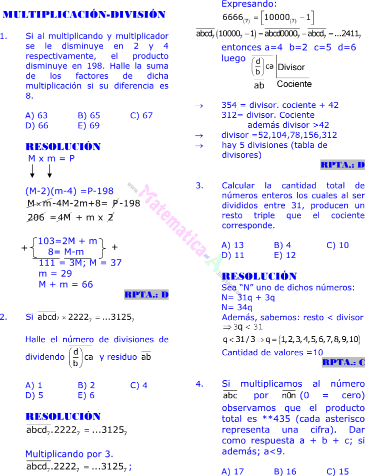 MULTIPLICACIÓN Y DIVISIÓN EJERCICIOS RESUELTOS ~ MATEMATICAS PROBLEMAS ...