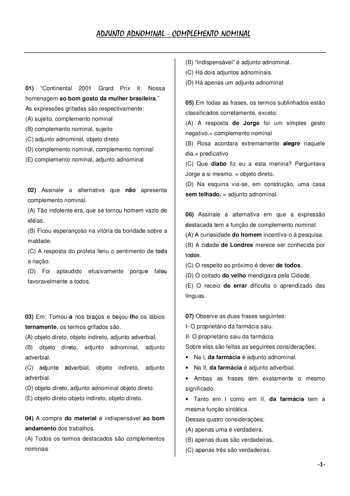 Exercícios Sobre Complemento Nominal E Adjunto Adnominal - EDUCA
