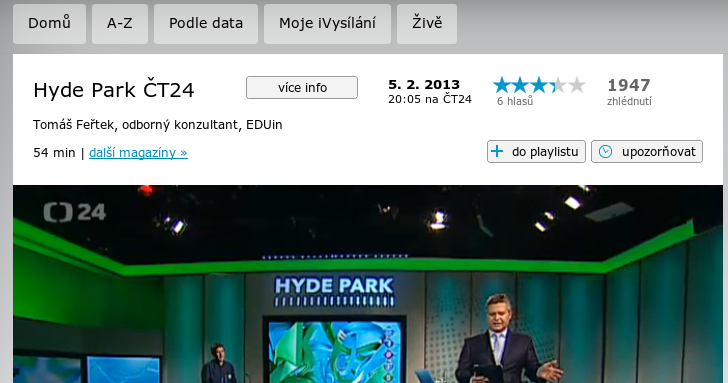 Česká škola: Hyde Park ČT24: Tomáš Feřtek, odborný konzultant, EDUin