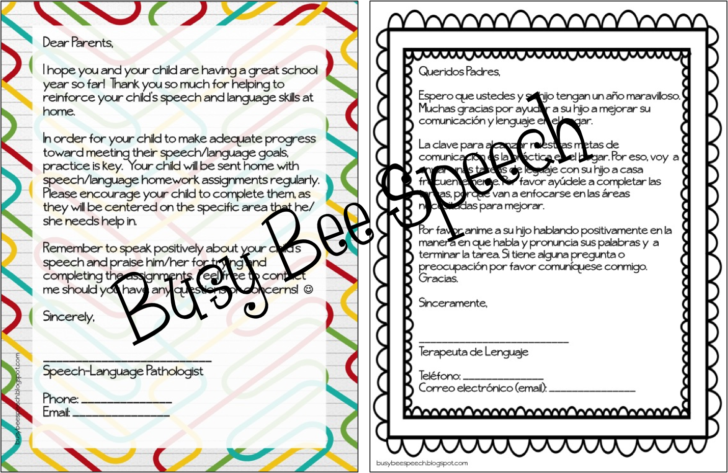 Busy Bee Speech: Parent Letters for Speech Therapy in English & SPANISH