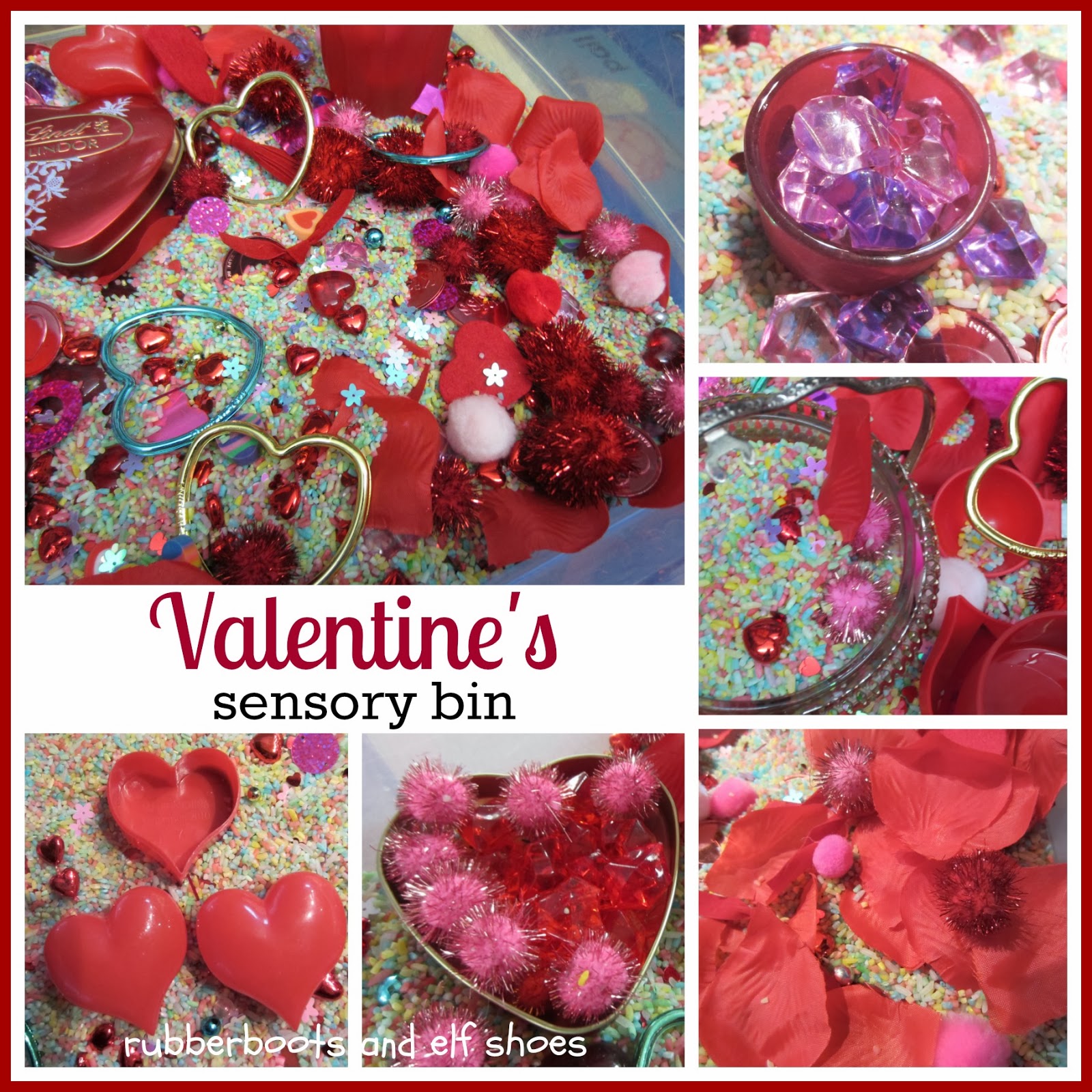 Valentine's sensory bin - rubber boots and elf shoes