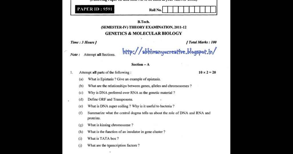 UPTU Exam: Genetics & Molecular Biology