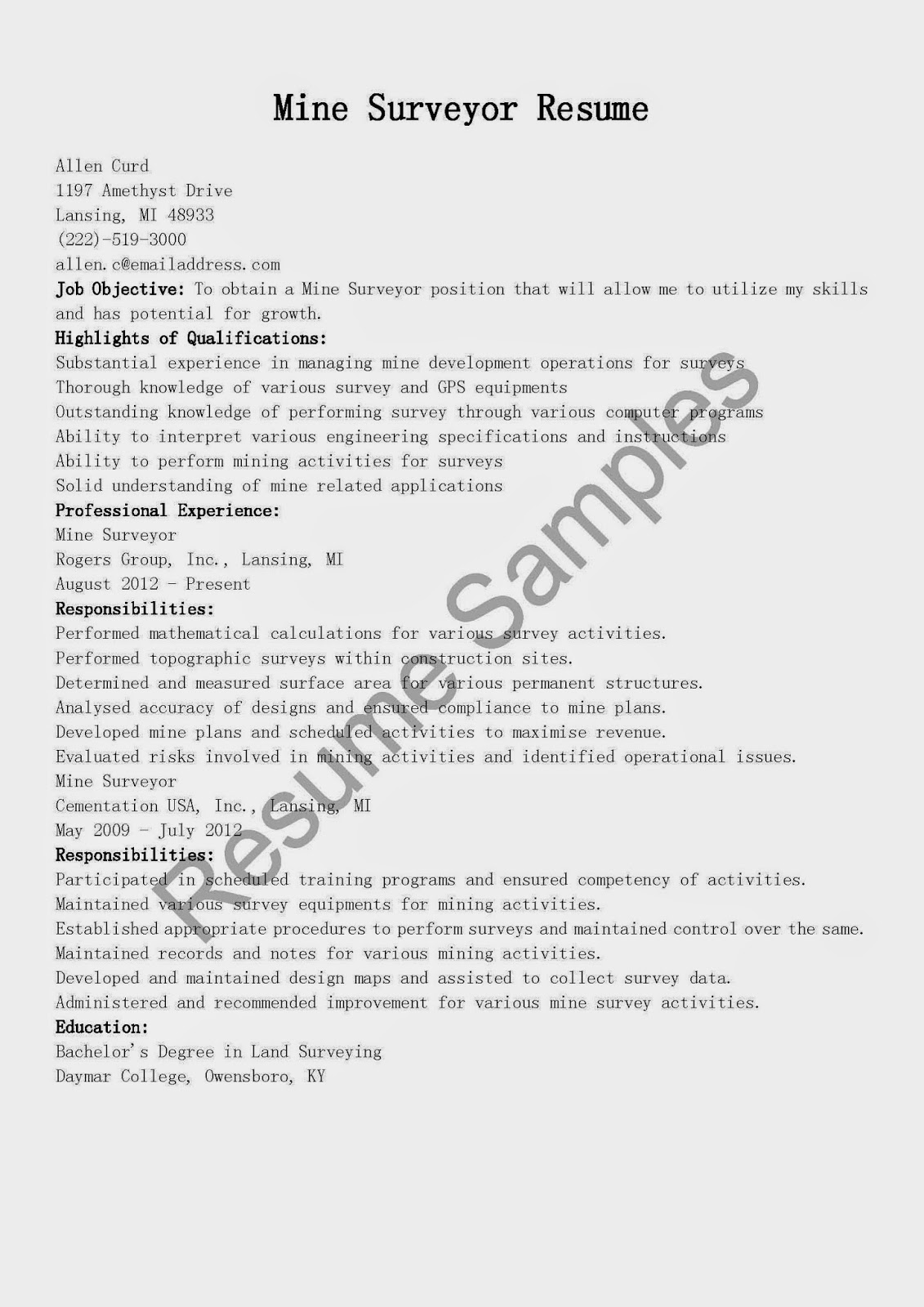 Resume Samples Mine Surveyor Resume Sample resume-samples-mine-surveyor-resume-sample