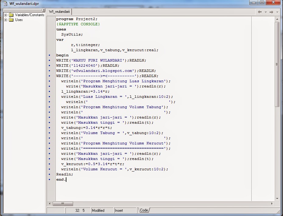 WF Wulandari: CONTOH SCRIPT DASAR PEMBUATAN PROGRAM PADA DELPHI 7 (Part 6) WF Wulandari: CONTOH SCRIPT DASAR PEMBUATAN PROGRAM PADA DELPHI 7 (Part 6)