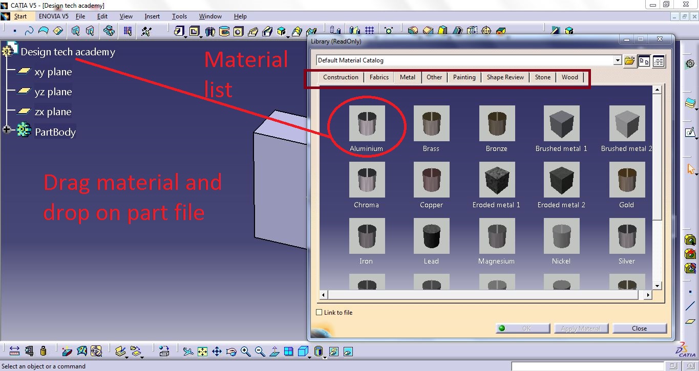 Design Tech Academy: How to add material and show material effect in CATIA