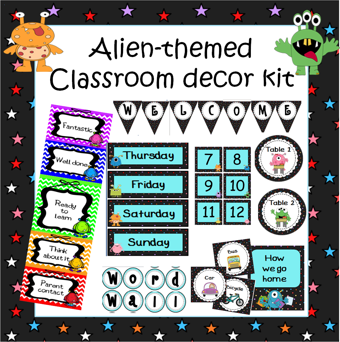 A Crucial Week: Monster and alien themed classroom decor set