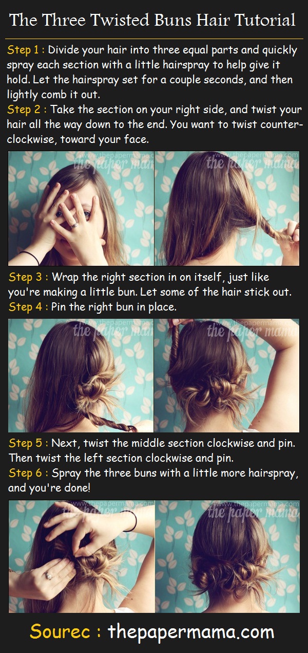 The Three Twisted Buns Hair Tutorial | Pinterest Tutorials