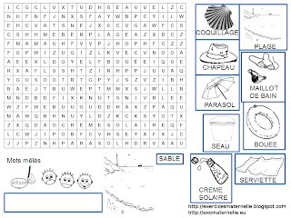 Maternelle: A la plage, mots mêlés