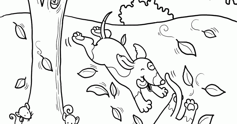 Kids Page: Cat And Dog Playing In The Fall Tree Coloring Pages