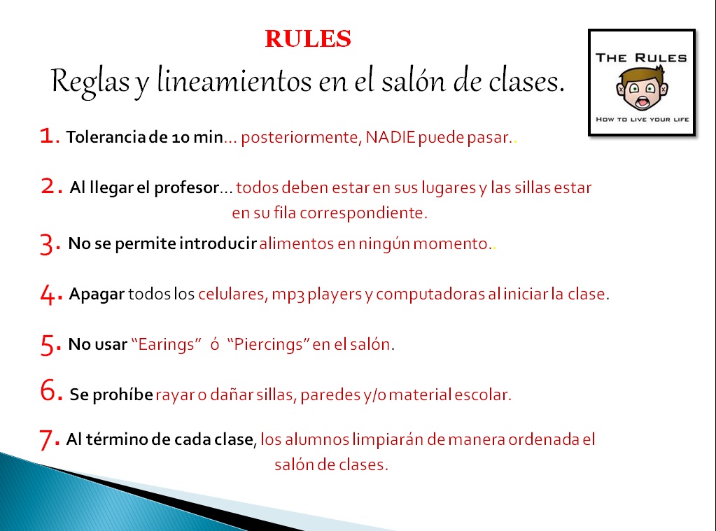 English Class / 1st Semester ... CBTis : REGLAMENTO dentro del salón de ...