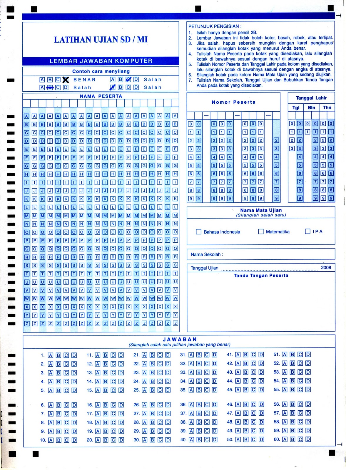 Contoh LJK Ujian SD ~ SDN Karangayu 03 Semarang