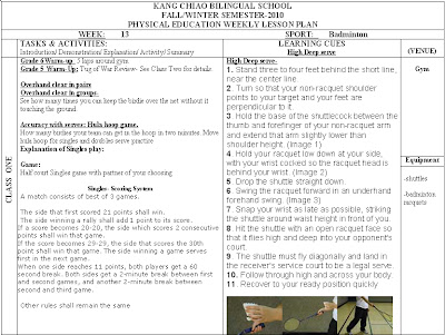 Physical Education Department: PE - Weekly Lesson Plans