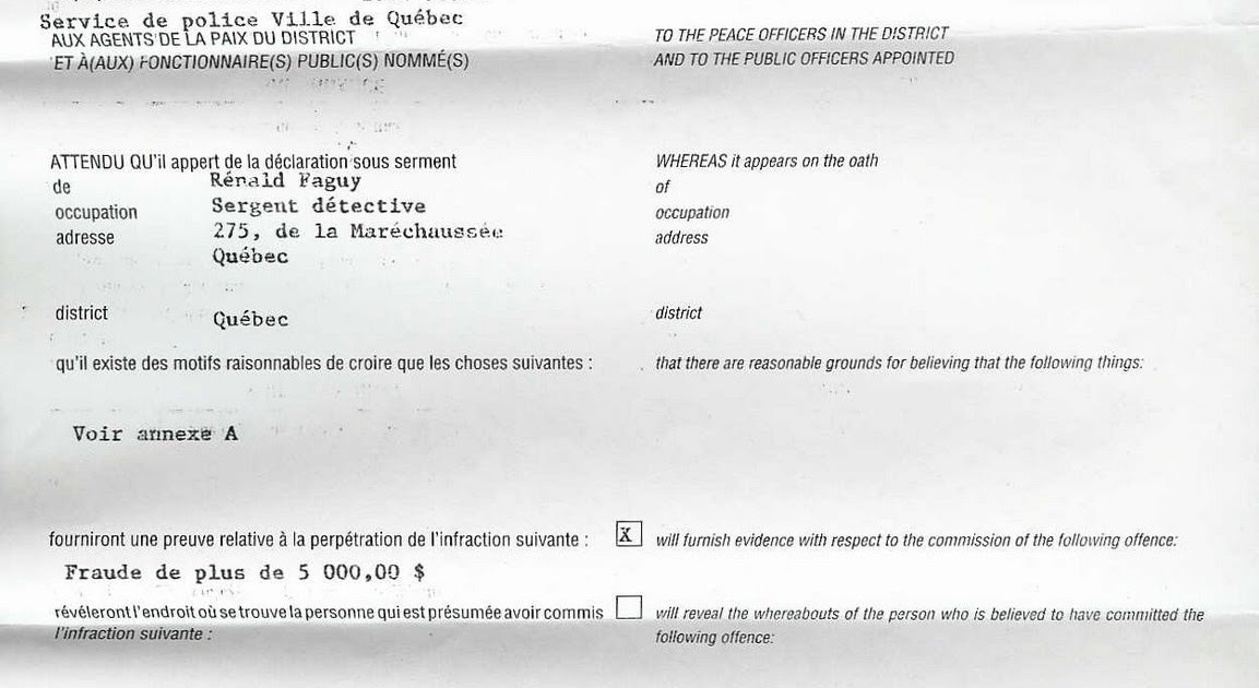 Perquisition policière du SPVQ aidé de la GRC.: Mandat de Perquisition (Saisie effectuée le 15 ...