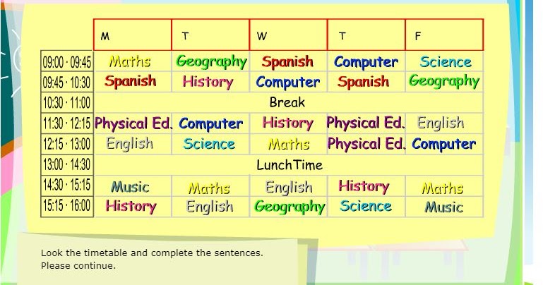 Learn English In Las Vegas School Timetable Subjects