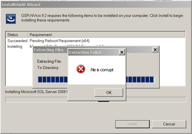 NVivo 9 installer "File is corrupt." error message. 29 April 2012.