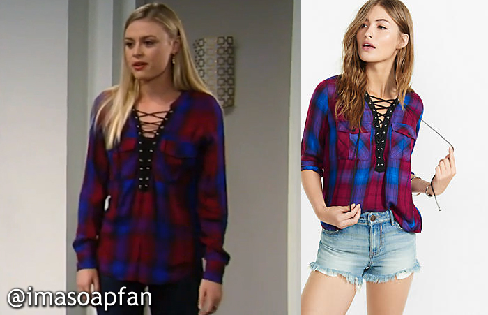 Kiki Jerome's Berry Red and Blue Plaid Lace-Up Shirt - General Hospital ...