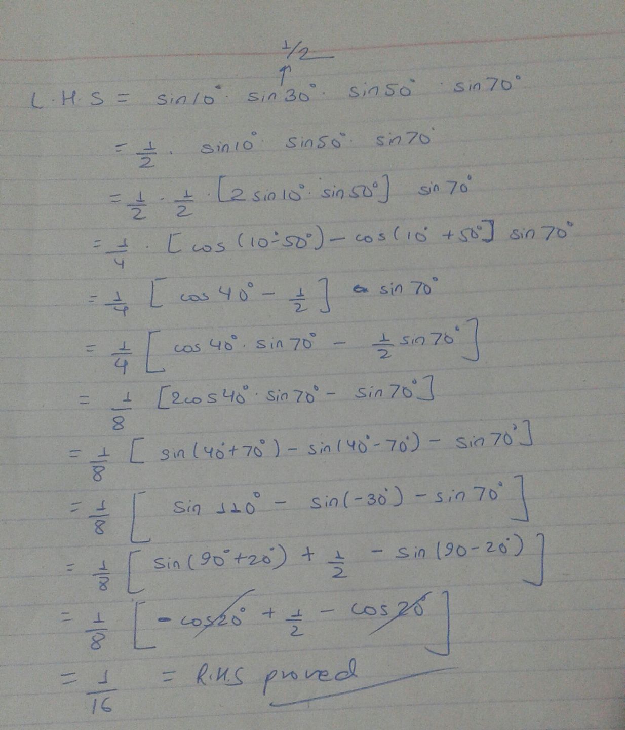 Q. Prove that: sin10.sin30.sin50.sin70 = 1/16 - S.E.E. Solution