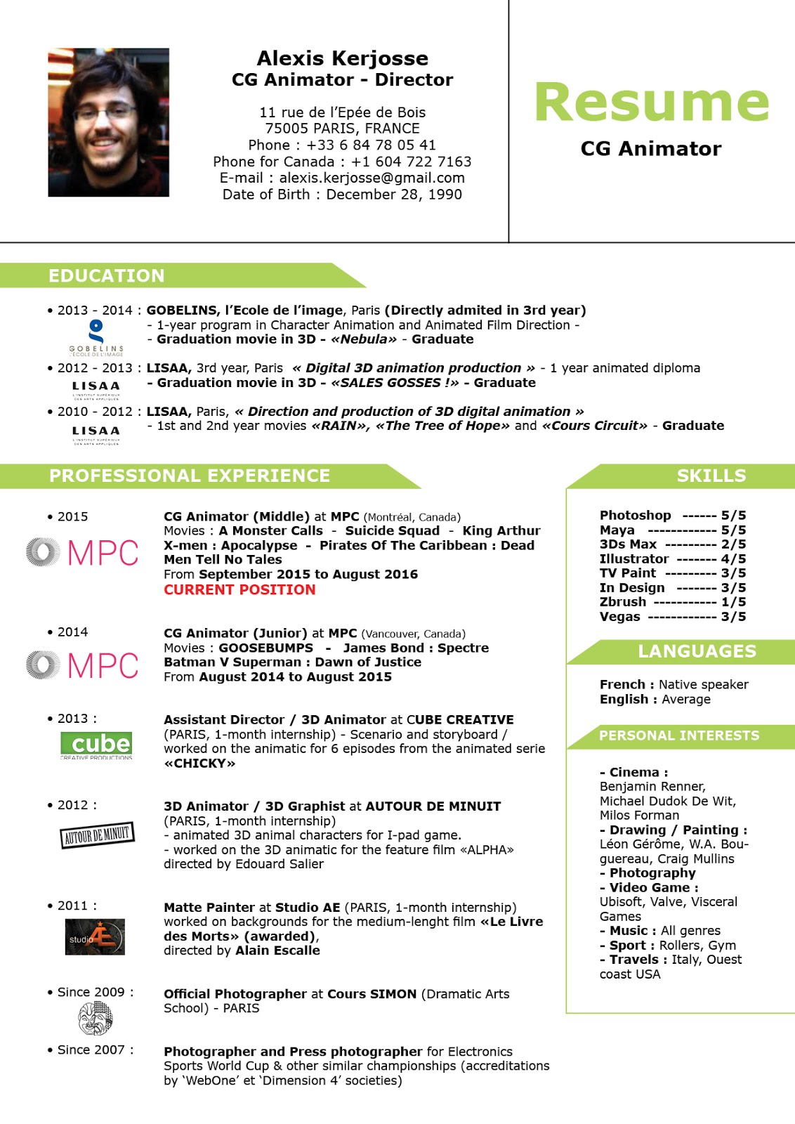 Portfolio Alexis Kerjosse: Contact / CV