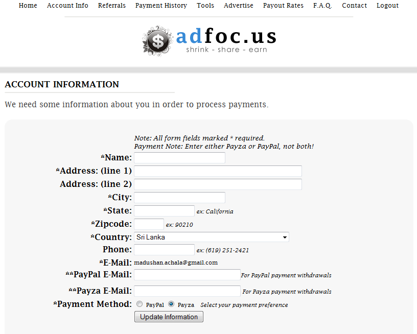 අන්තර්ජාලයෙන් නිවැරදිව මුදල් උපයන ලේසිම ක්‍රම.: Adfoc.us මගින් මුදල් උපයමු.