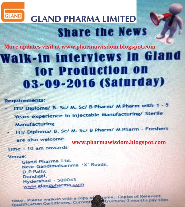 GLAND PHARMA LIMITED - Walk-In Interview for Freshers & Experience ...
