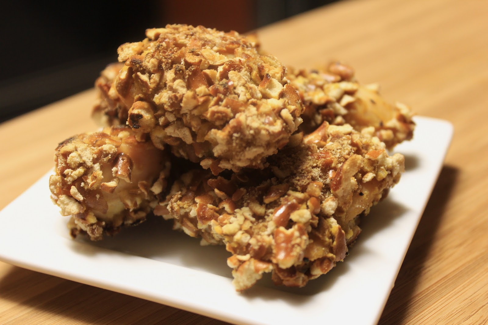 Pretzel coated baked chicken nuggets