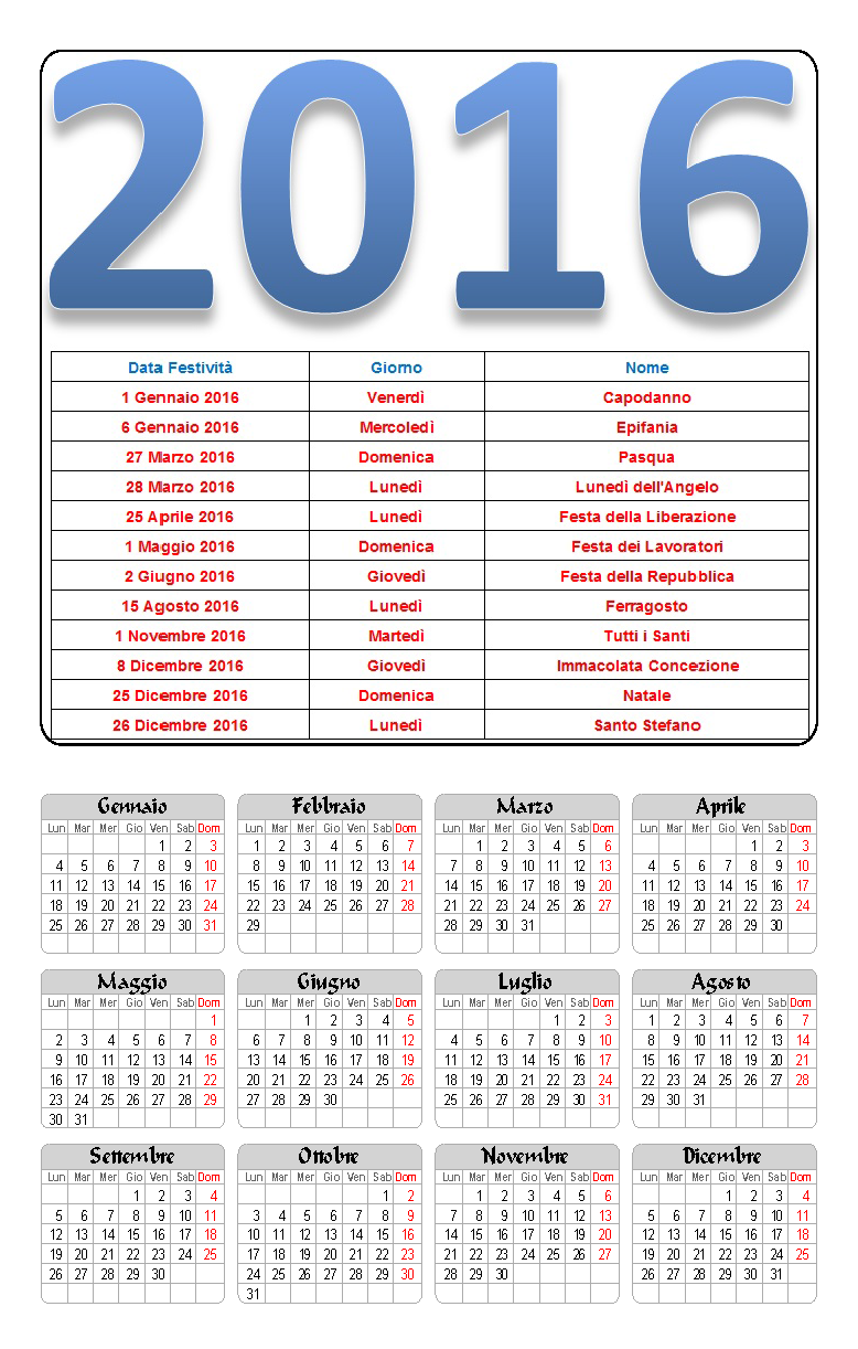 Calendario : Calendario 2016 annuale con festività